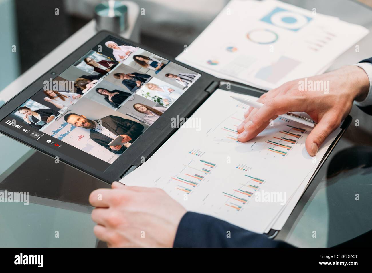Business video conference. Virtual meeting. Corporate telework. Man ...