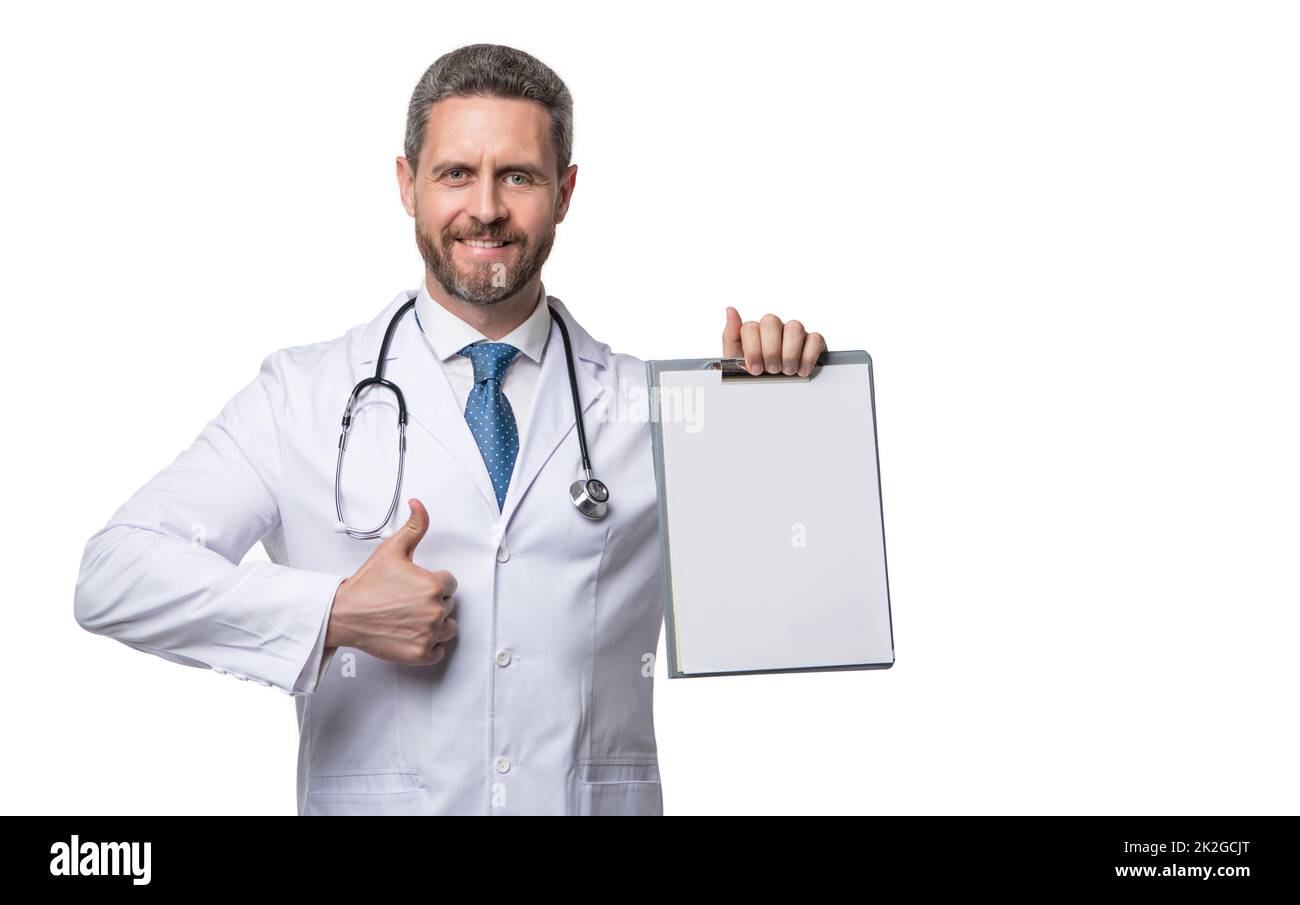 smiling doctor showing clinical record. doctor isolated on white with ...