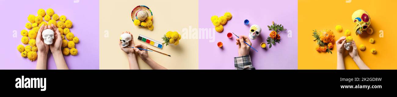 Collage with hands, sugar skulls, paints and flowers on color ...