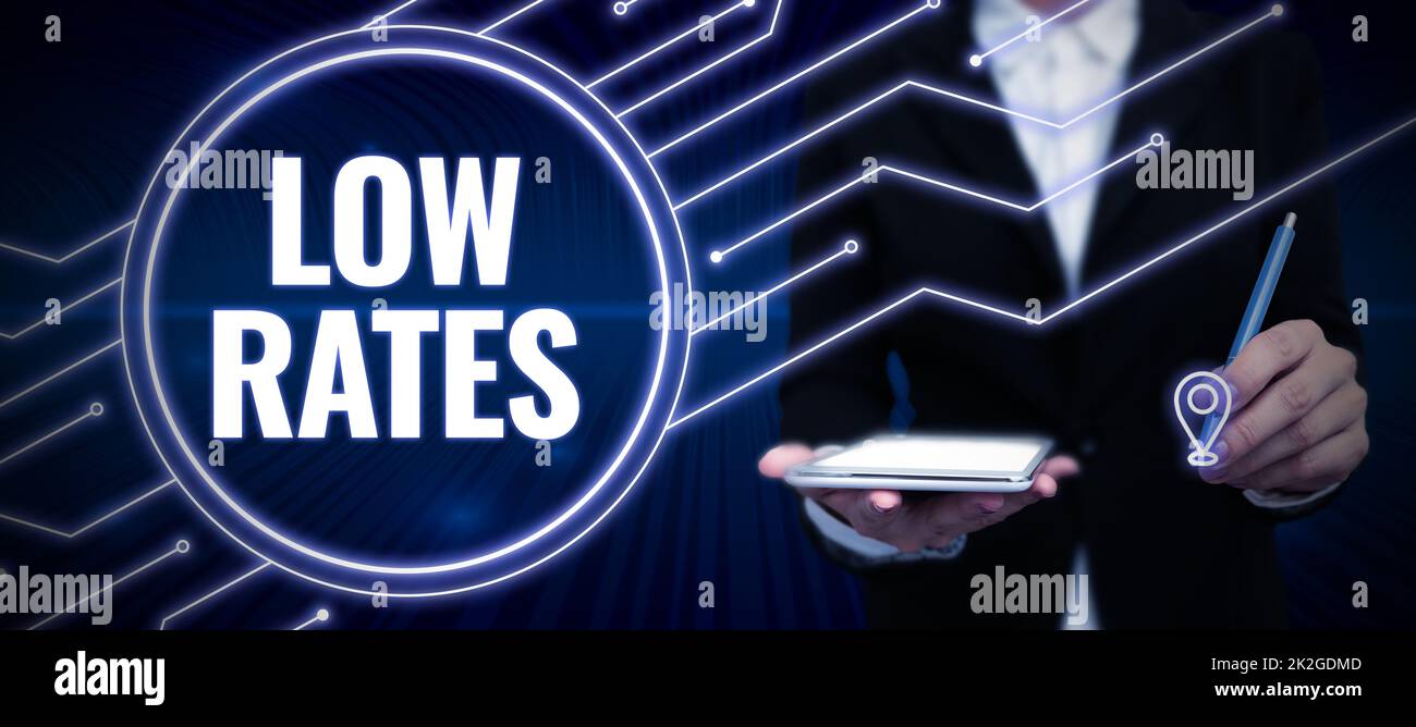 Inspiration showing sign Low Rates. Business concept A cost of an item ...