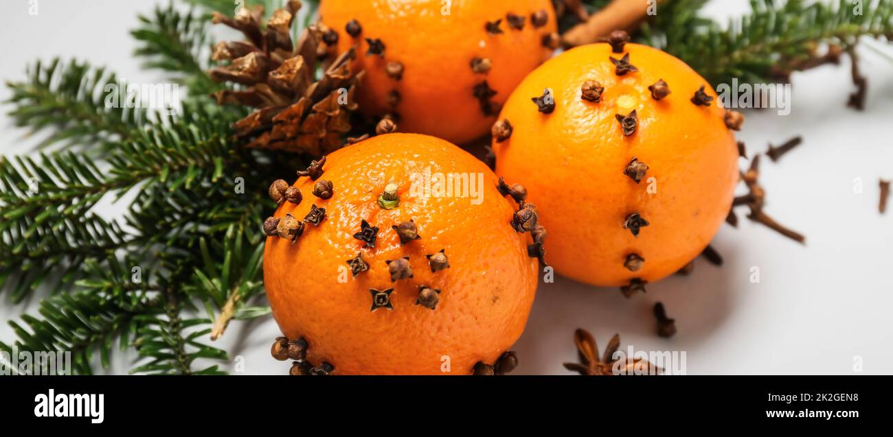 Pomander balls and coniferous branches on white background, closeup ...