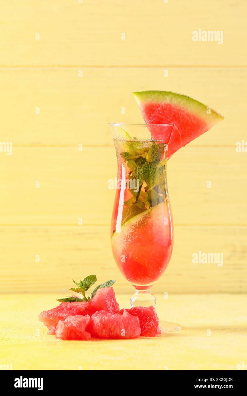 Glass of cold watermelon fresh on color wooden background Stock Photo ...