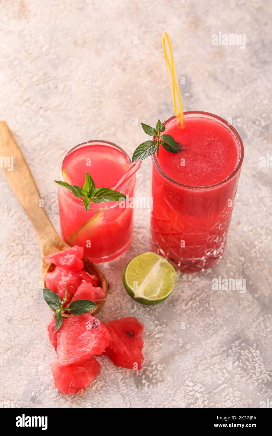 Glasses with cold watermelon fresh on light background Stock Photo - Alamy