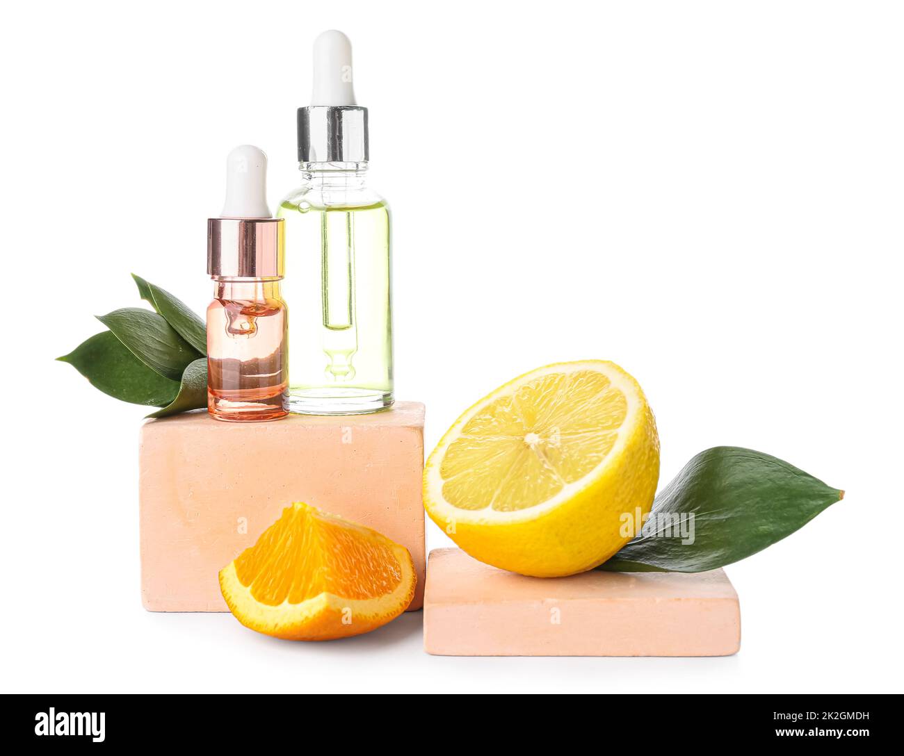 Composition with citrus serum and fruits on white background Stock ...
