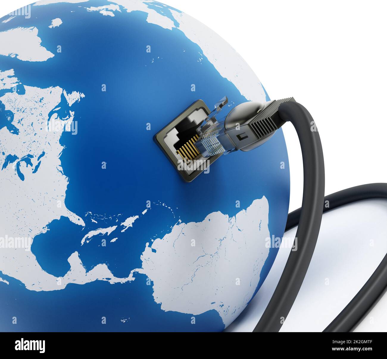 Network cable connected to the blue globe Stock Photo - Alamy