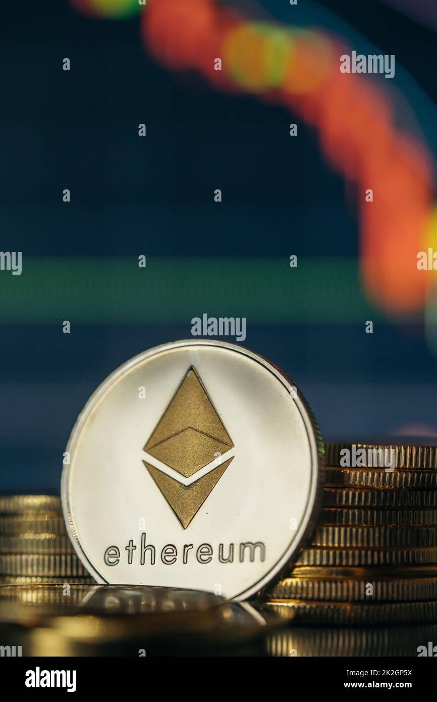 Silver Ethereum with candle stick graph chart and digital background ...