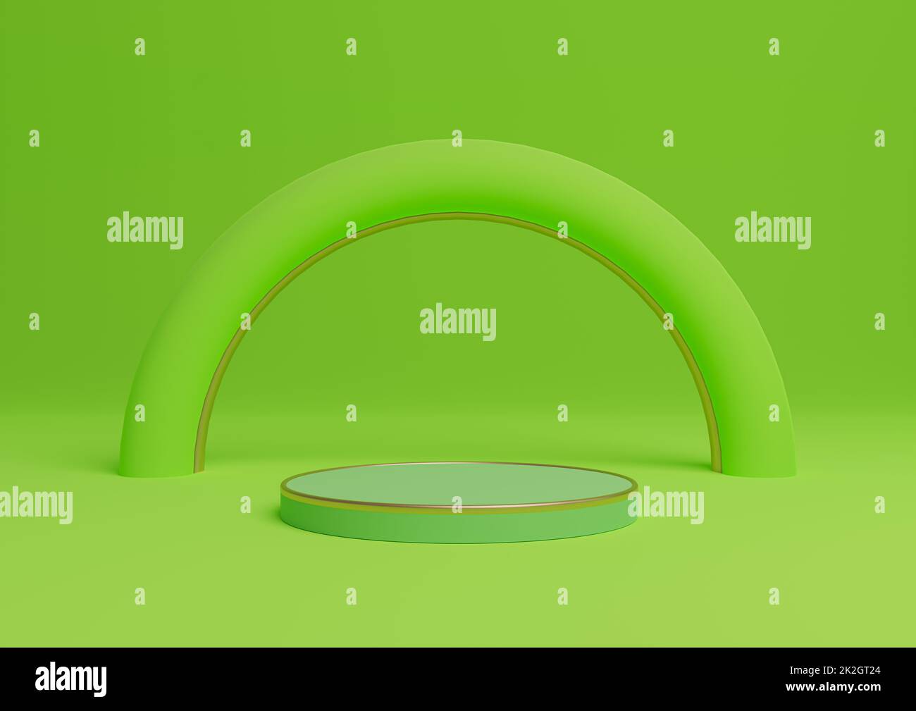Bright, neon green 3D rendering simple product display cylinder podium or stand with golden ...