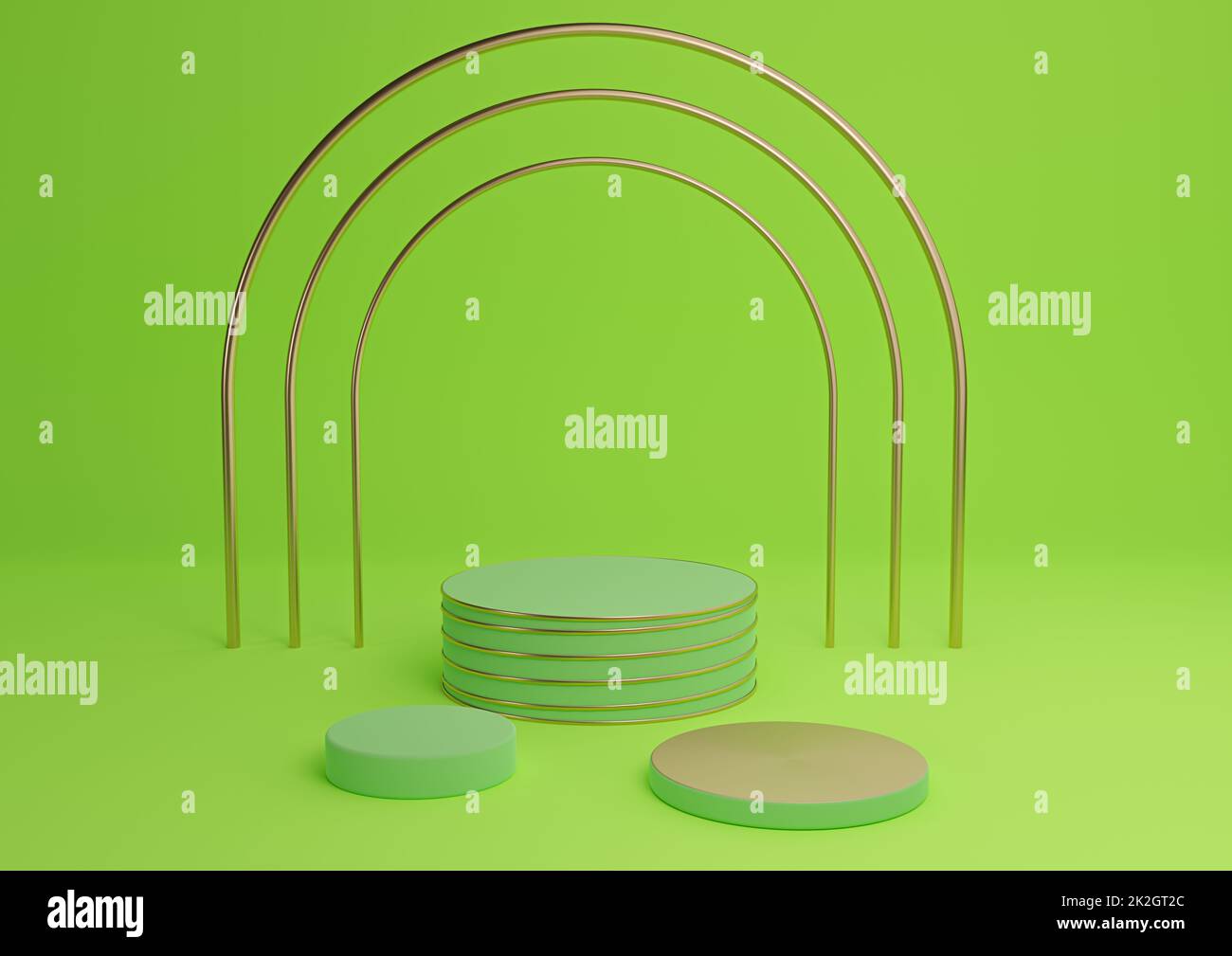 Bright, neon green 3D rendering simple product display cylinder podiums with luxury gold arch ...