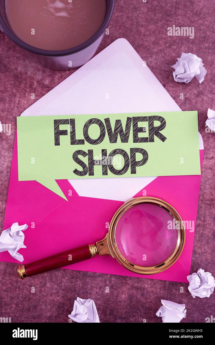 Writing displaying text Flower Shop. Word for where cut flowers are ...