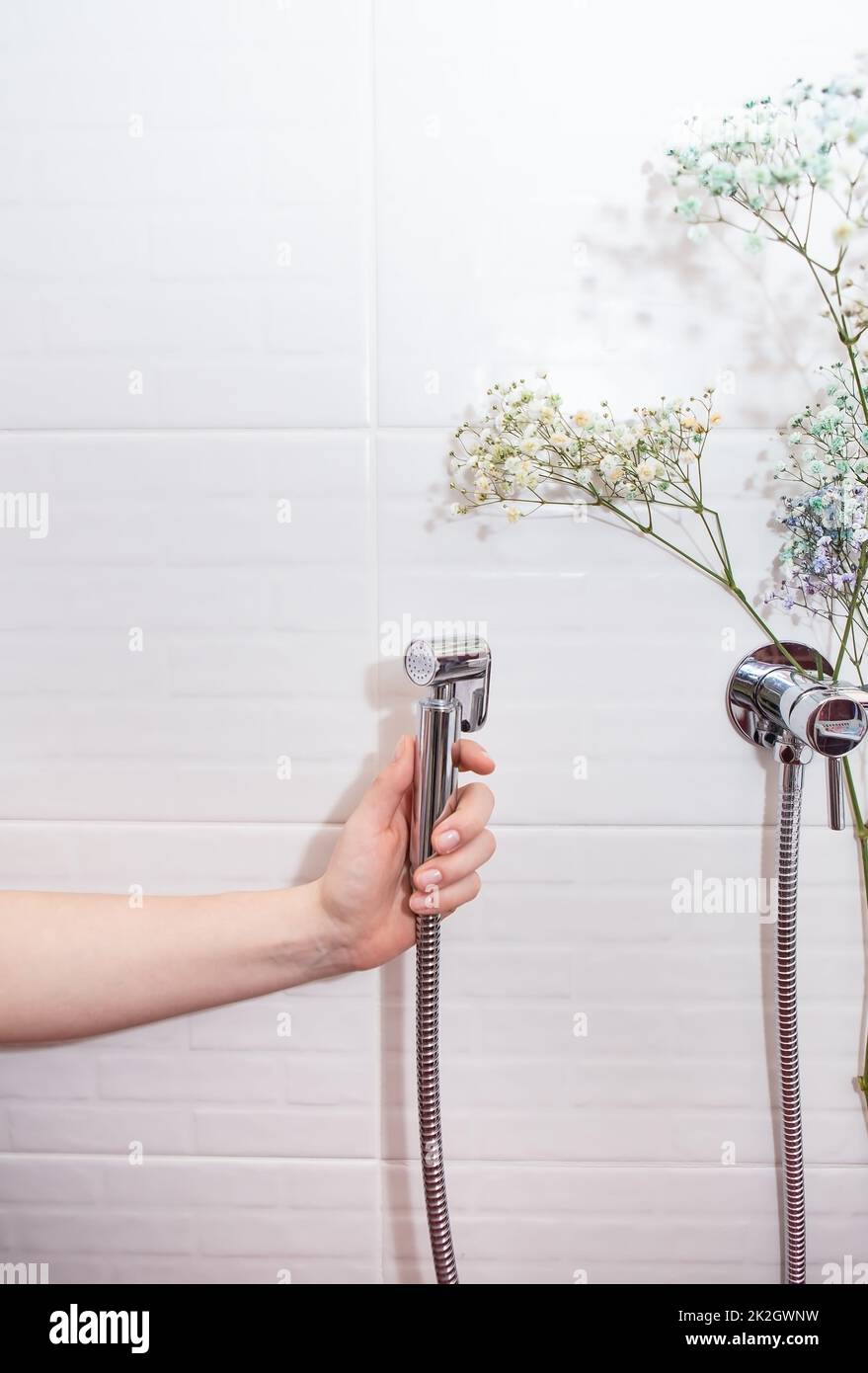 Hygiene and cleanliness concept. New hygienic chrome-plated shower in ...