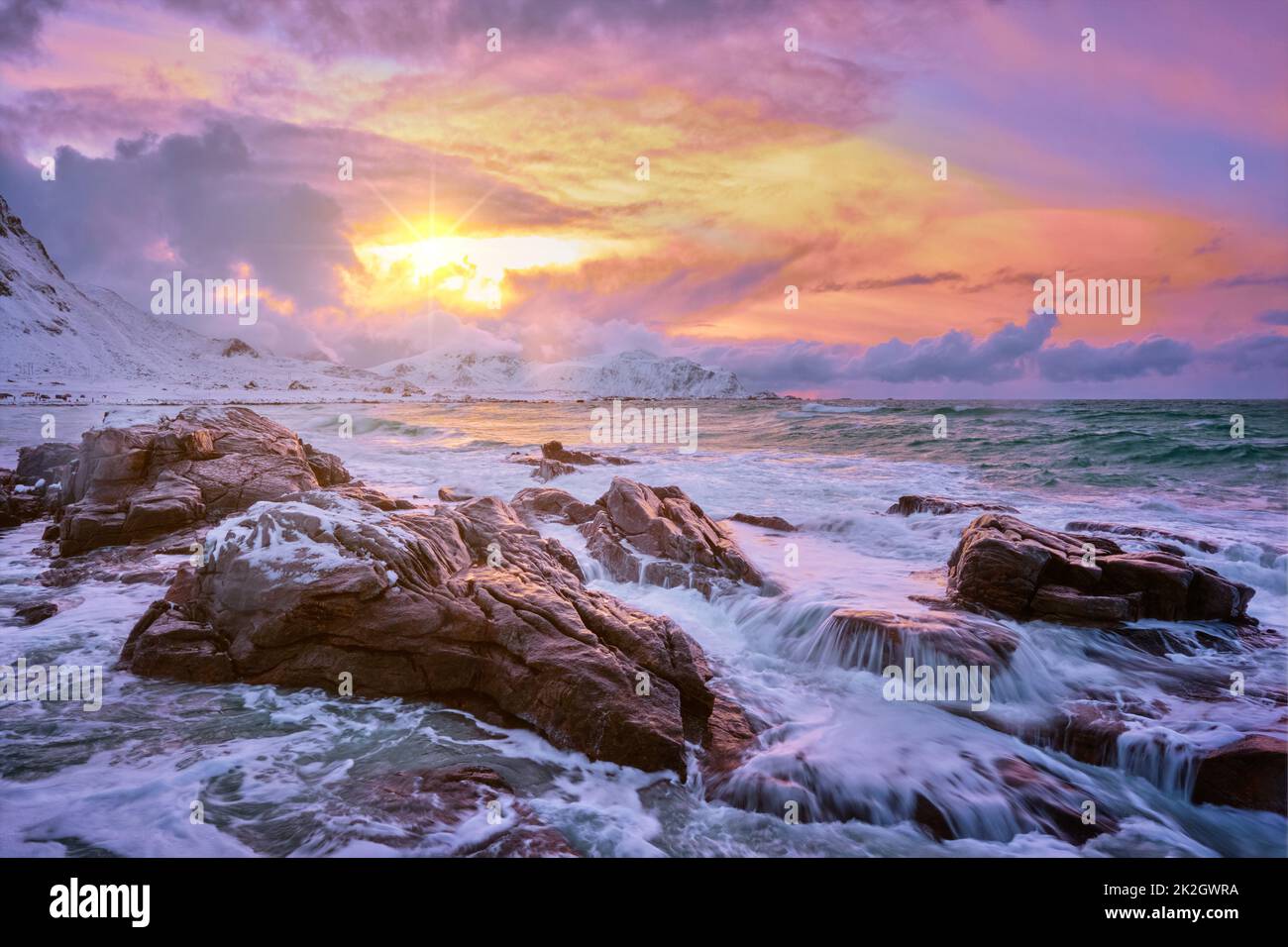 Norwegian Sea waves on rocky coast of Lofoten islands, Norway Stock ...