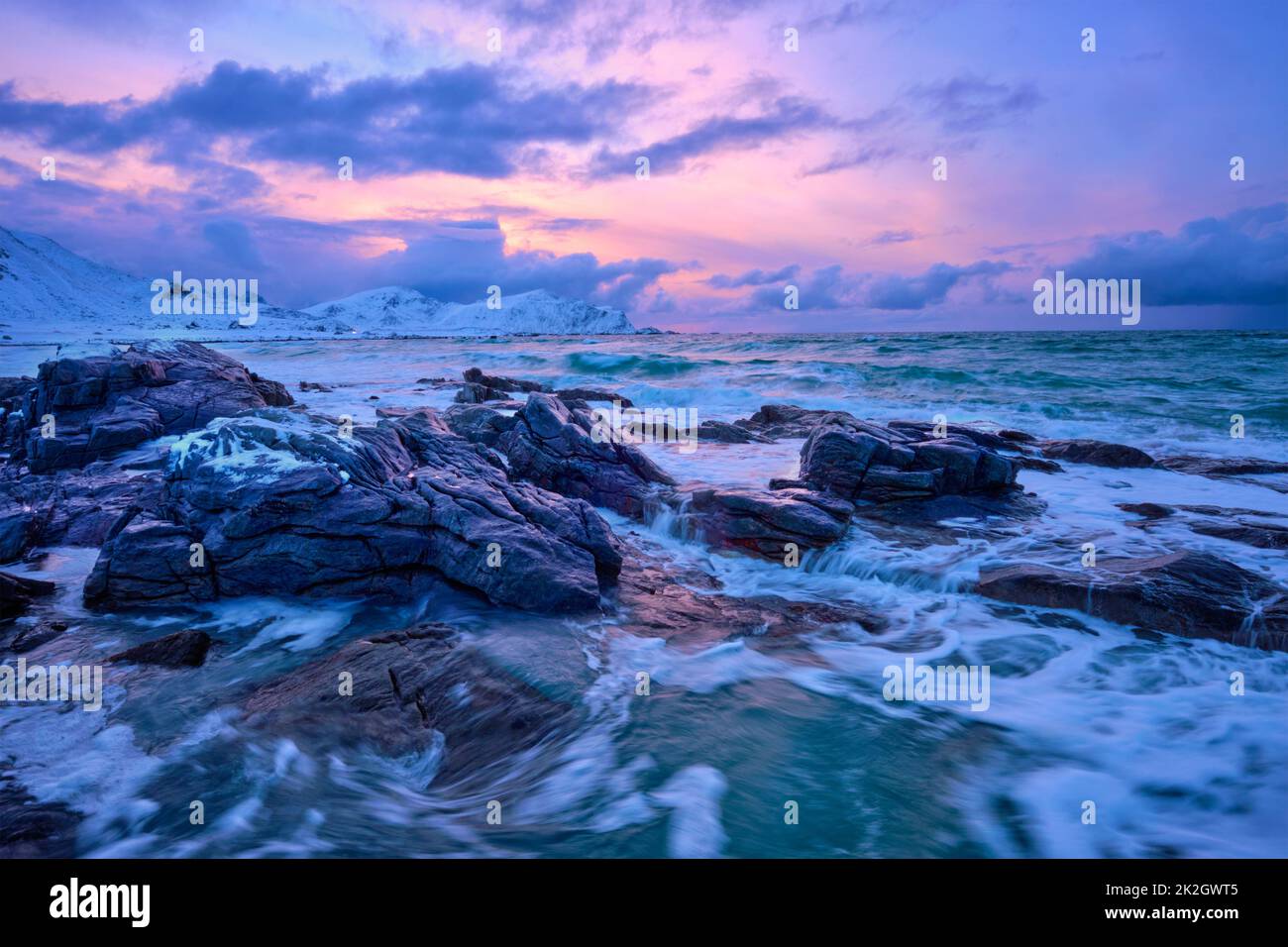 Norwegian Sea waves on rocky coast of Lofoten islands, Norway Stock ...