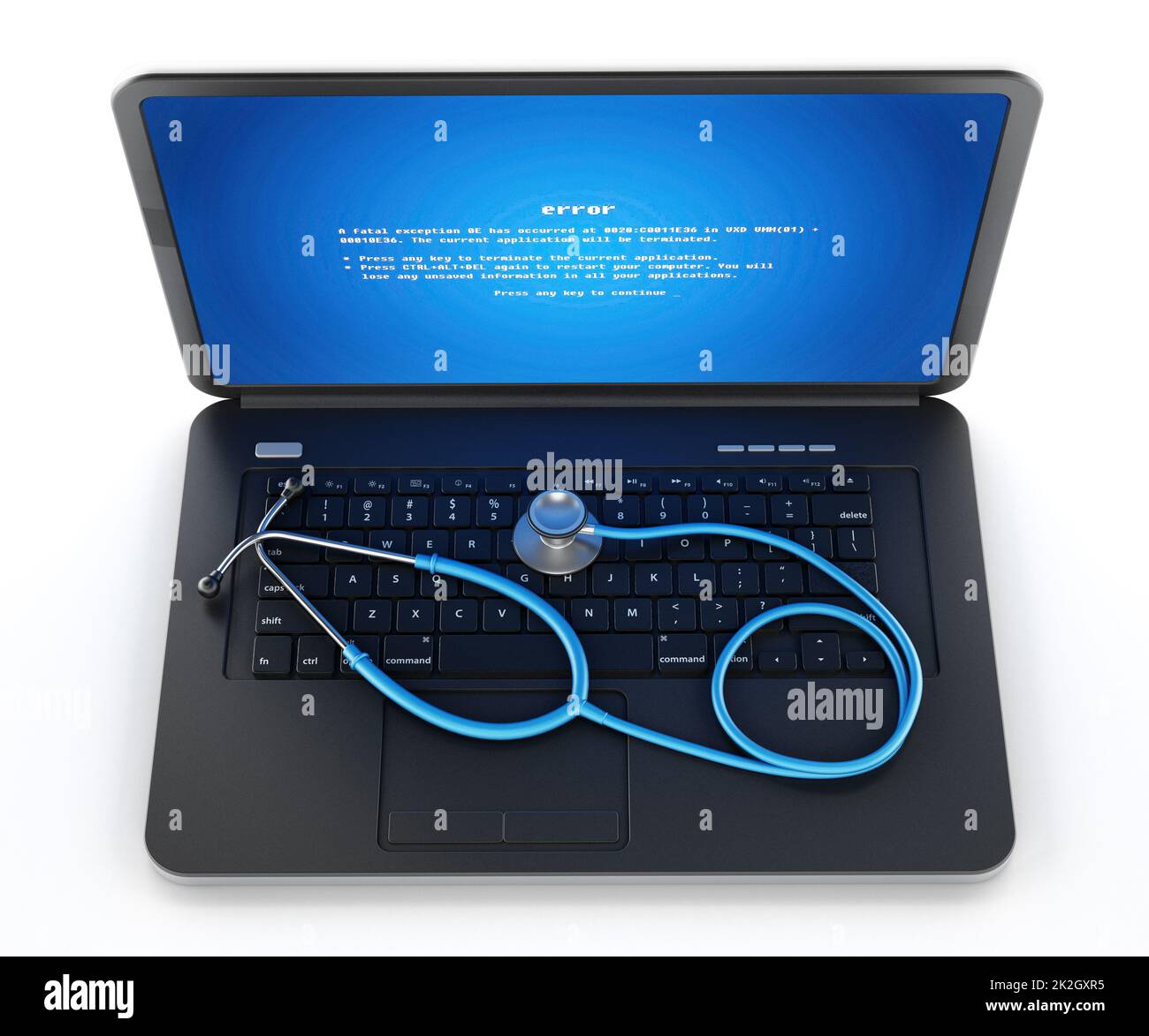Stethoscope on laptop computer with a blue screen error on the display ...