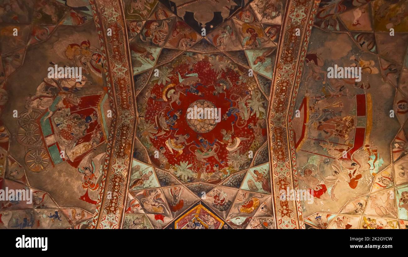 Krishna Rasa Lila on the ceiling at Badal Mahal, Bundi, Rajasthan ...