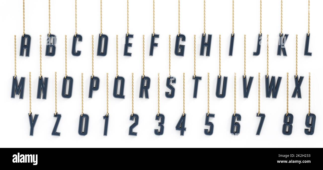 Hanging black letters and numbers isolated on white background Stock ...