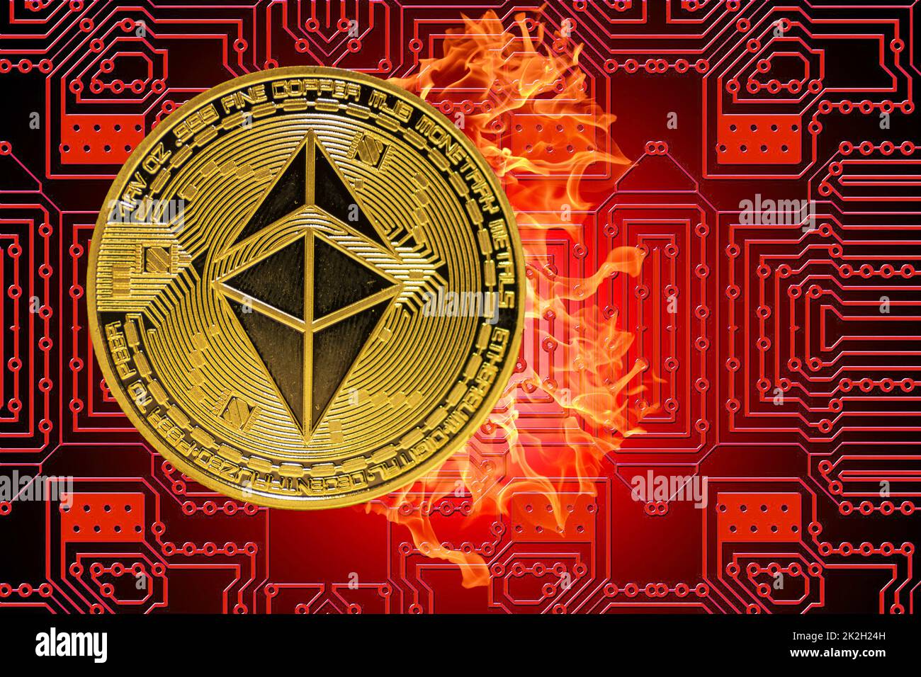 burning golden valueable single ether coin from ethereum crypto ...