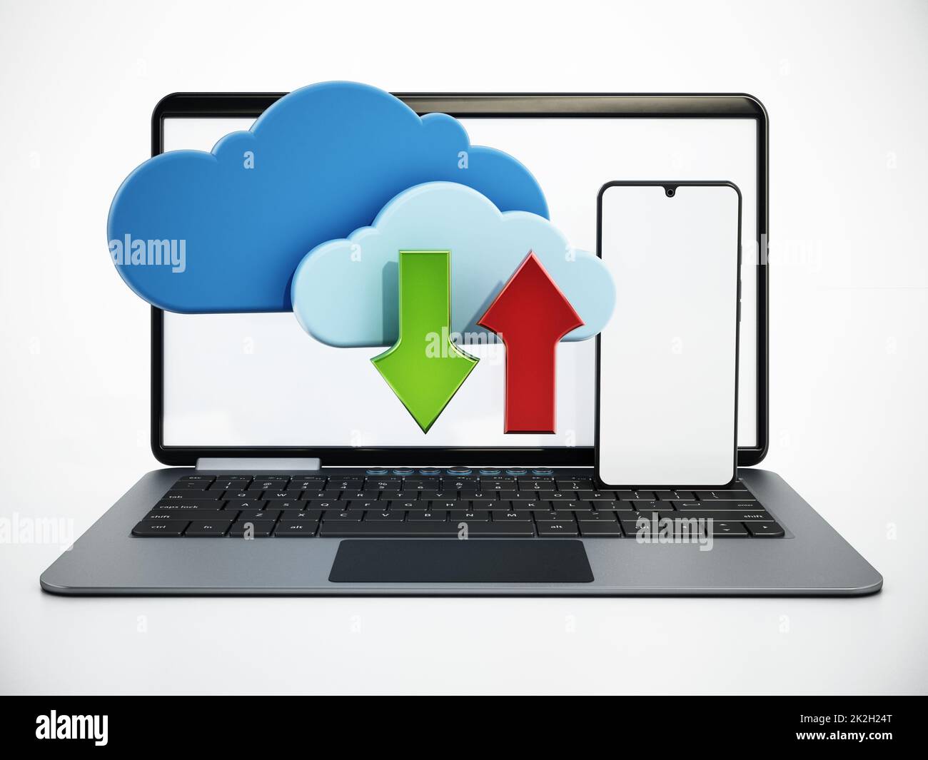Laptop computer, smartphone and cloud symbols with green and red arrows ...