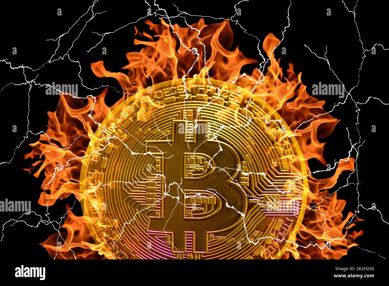 golden burning single bitcoin from crypto currency with many lightnings ...