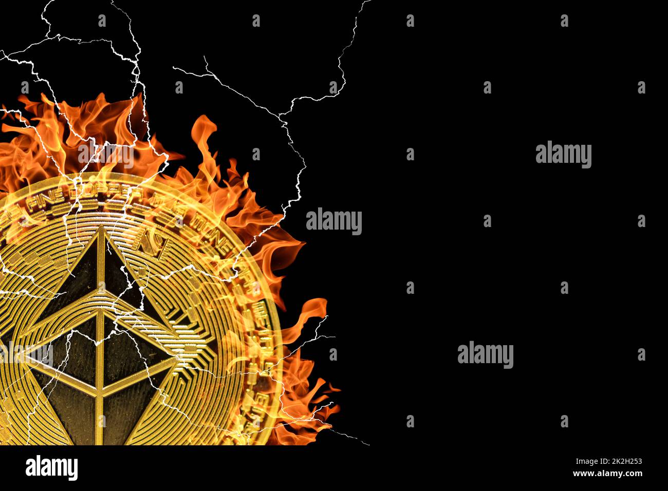 golden burning single ether from ethereum crypto currency with many ...