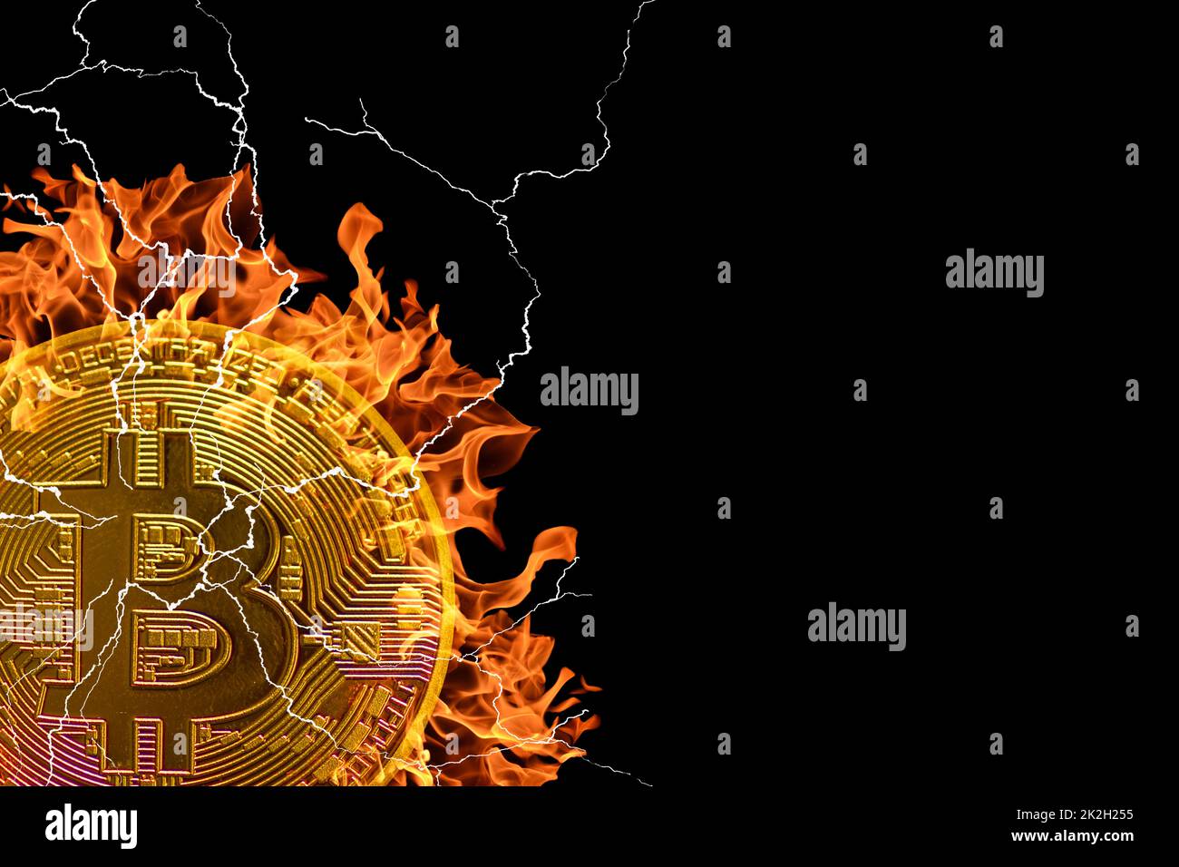 golden burning single bitcoin from crypto currency with many lightnings ...