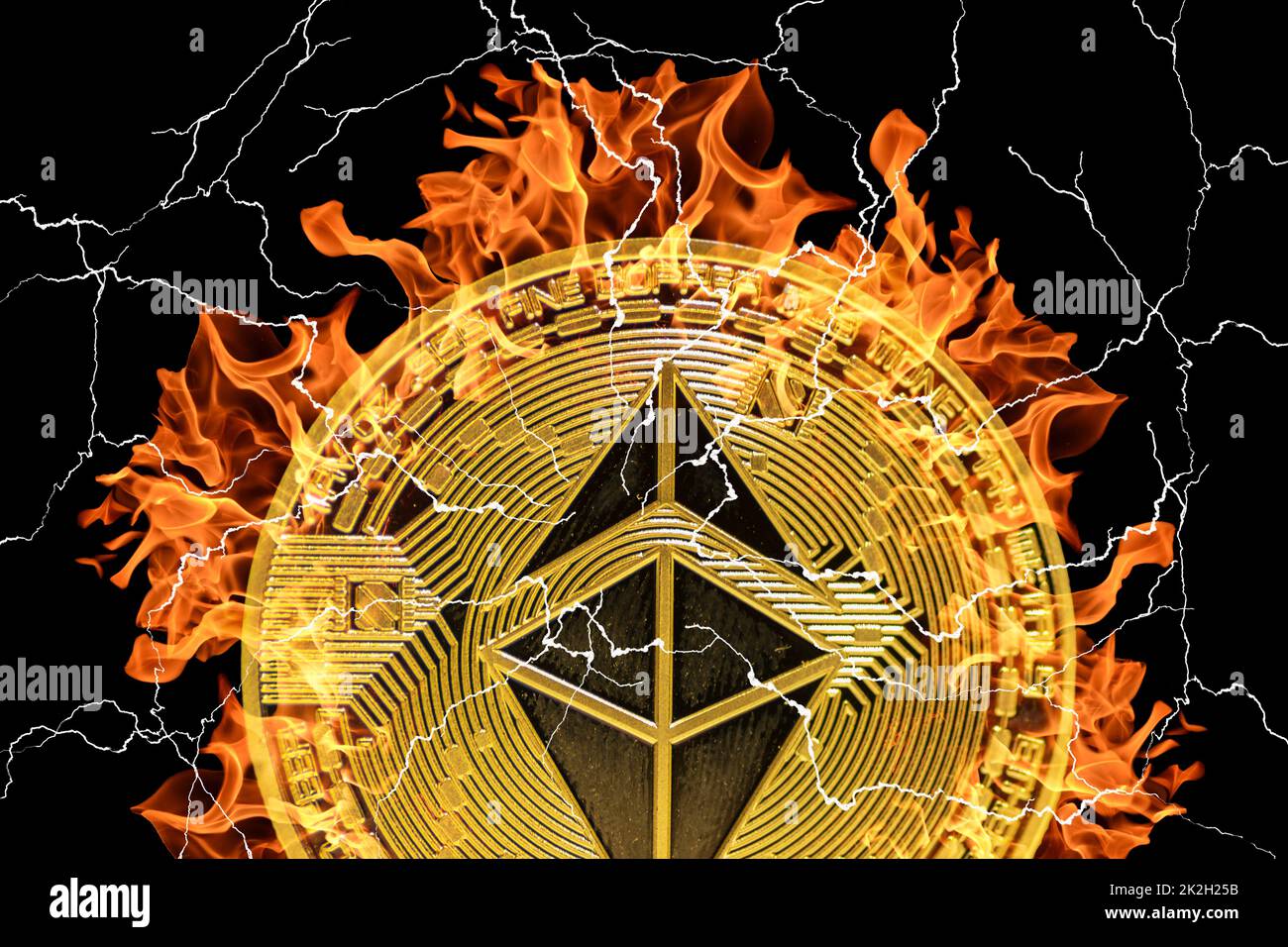 golden burning single ether from ethereum crypto currency with many ...