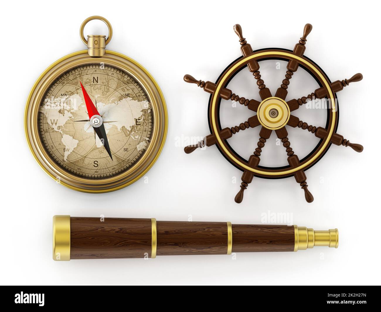 Vintage telescope, ship wheel and compass Stock Photo - Alamy