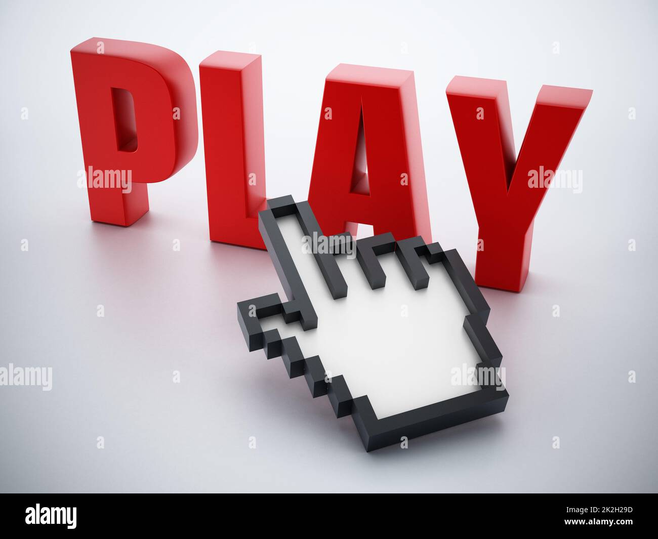 Hand cursor on red play word Stock Photo - Alamy