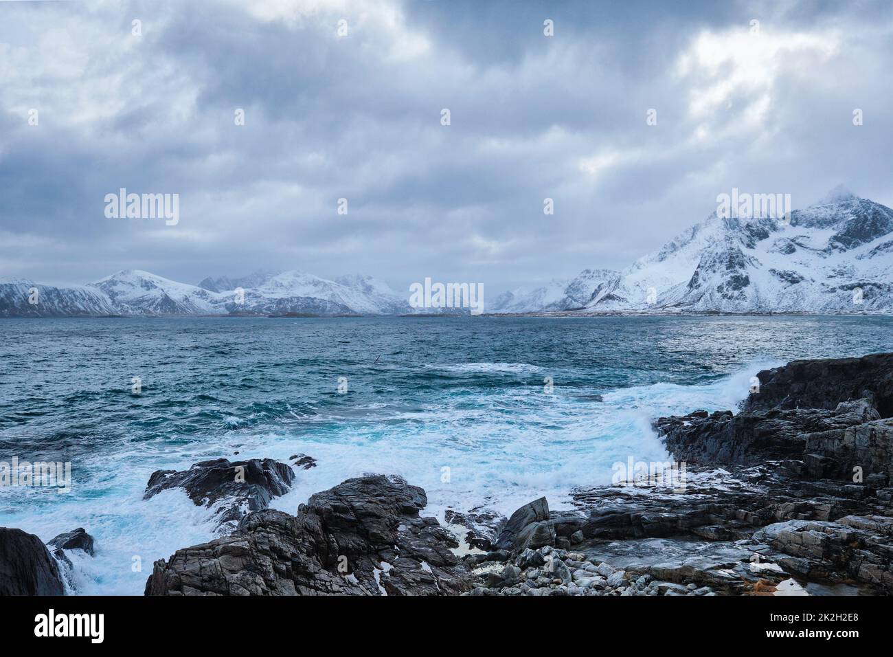 Norwegian Sea waves on rocky coast of Lofoten islands, Norway Stock ...
