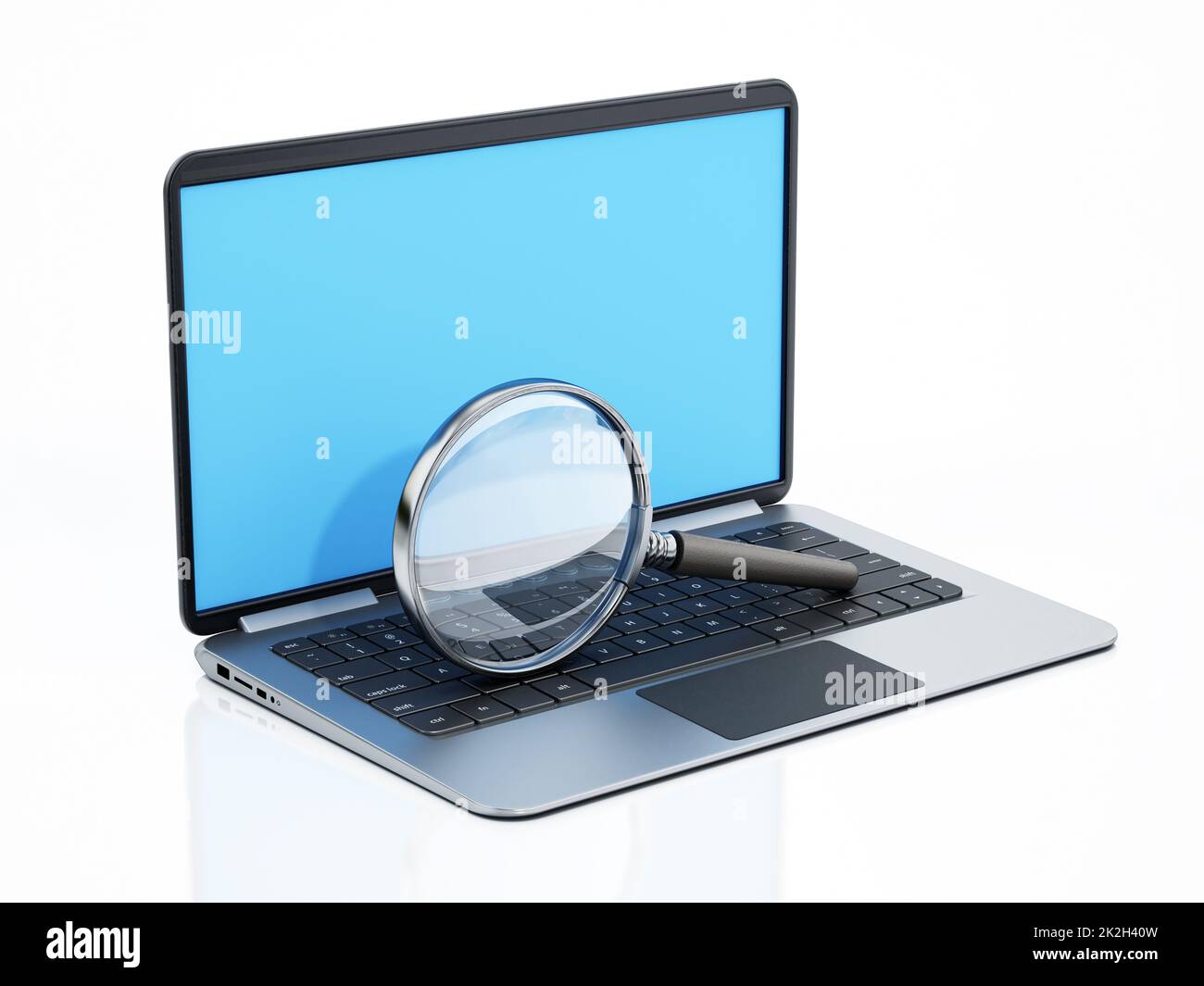 Laptop computer with magnifying glass isolated on white background. 3D ...