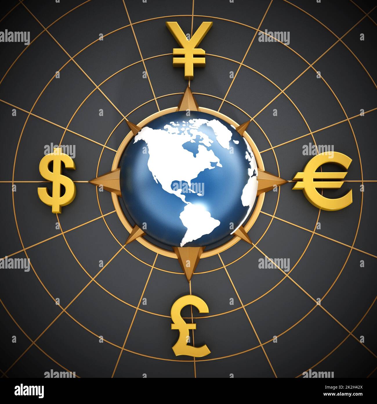 Dollar, Euro, Yen and Pound symbols around the globe Stock Photo - Alamy