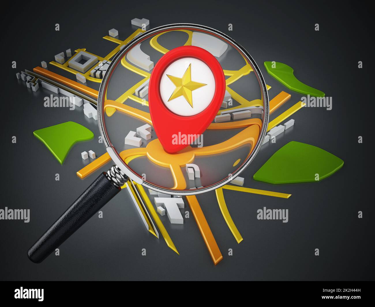 Magnifying glass on the red marker standing on navigation map Stock ...