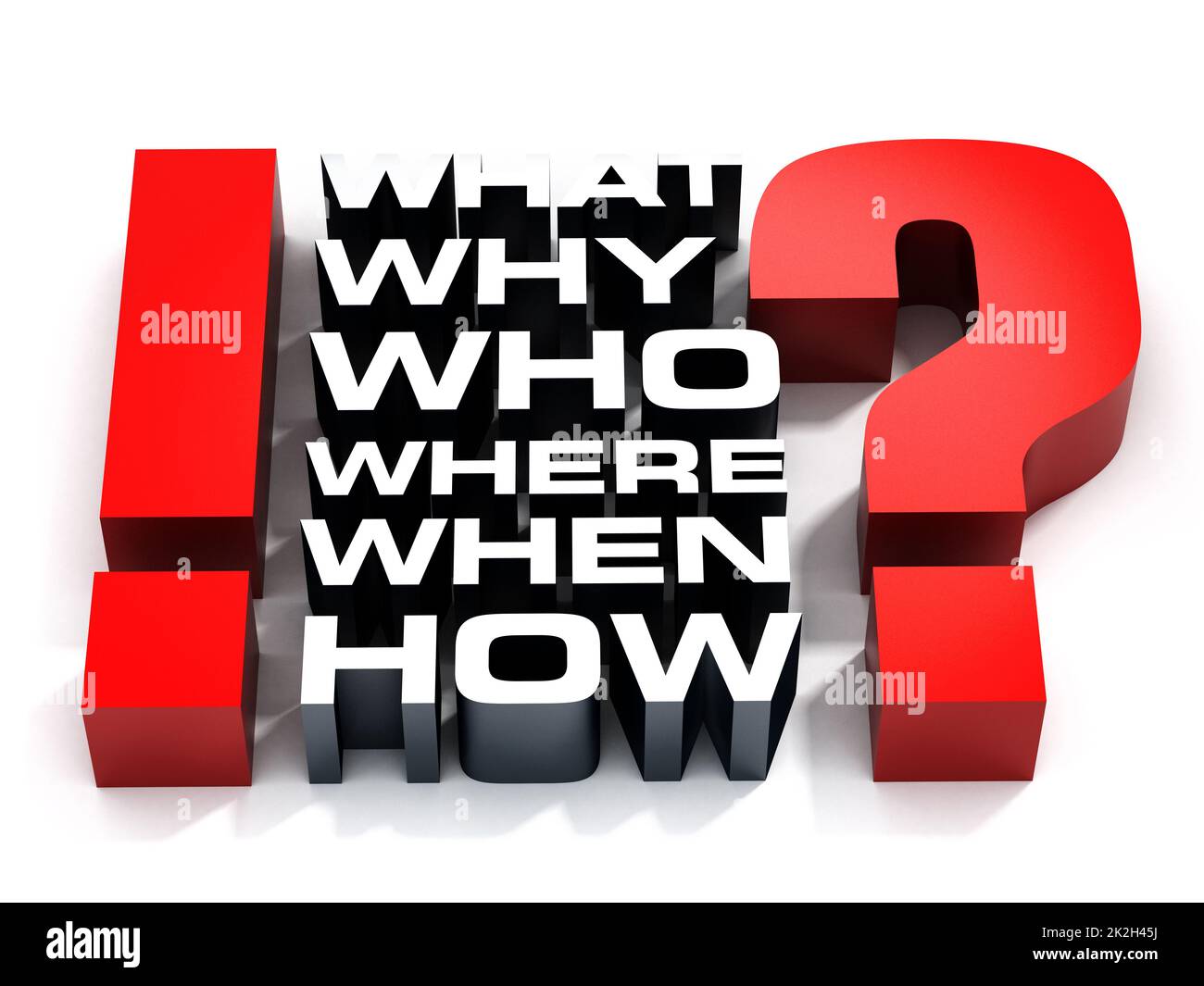 Question words, question and exclamation marks on white background ...