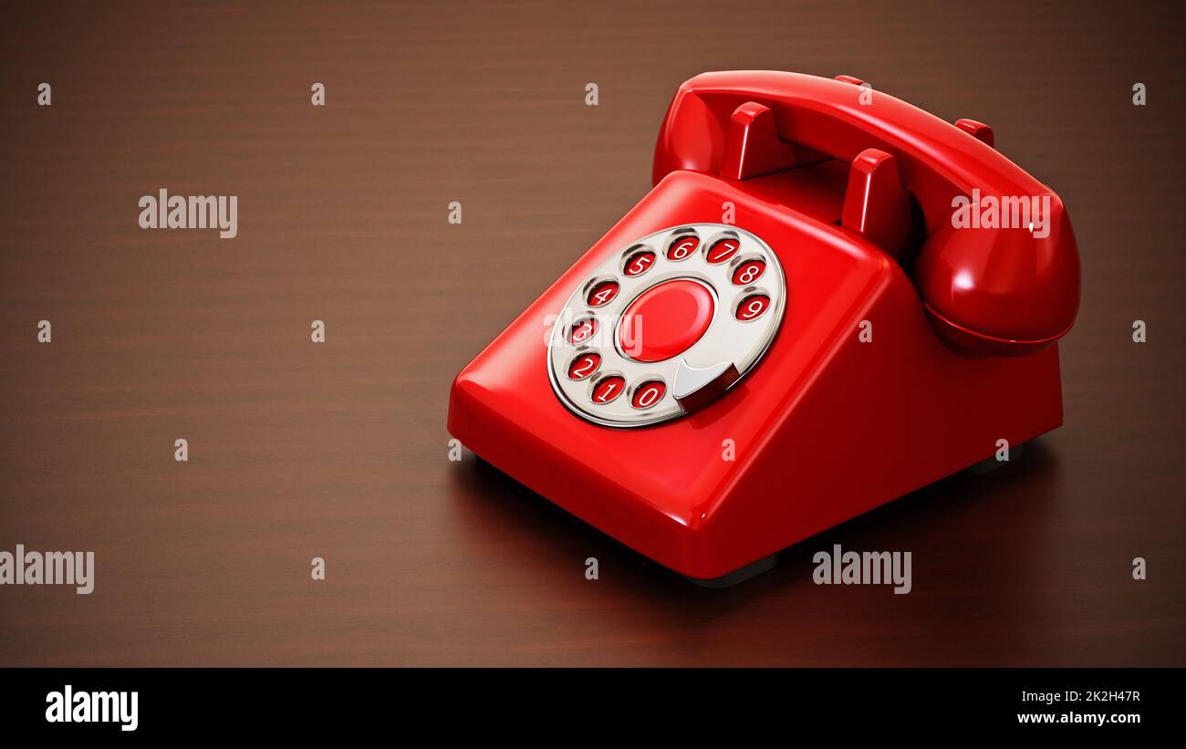 Red retro rotary phone on wood background.. 3D illustration Stock Photo ...