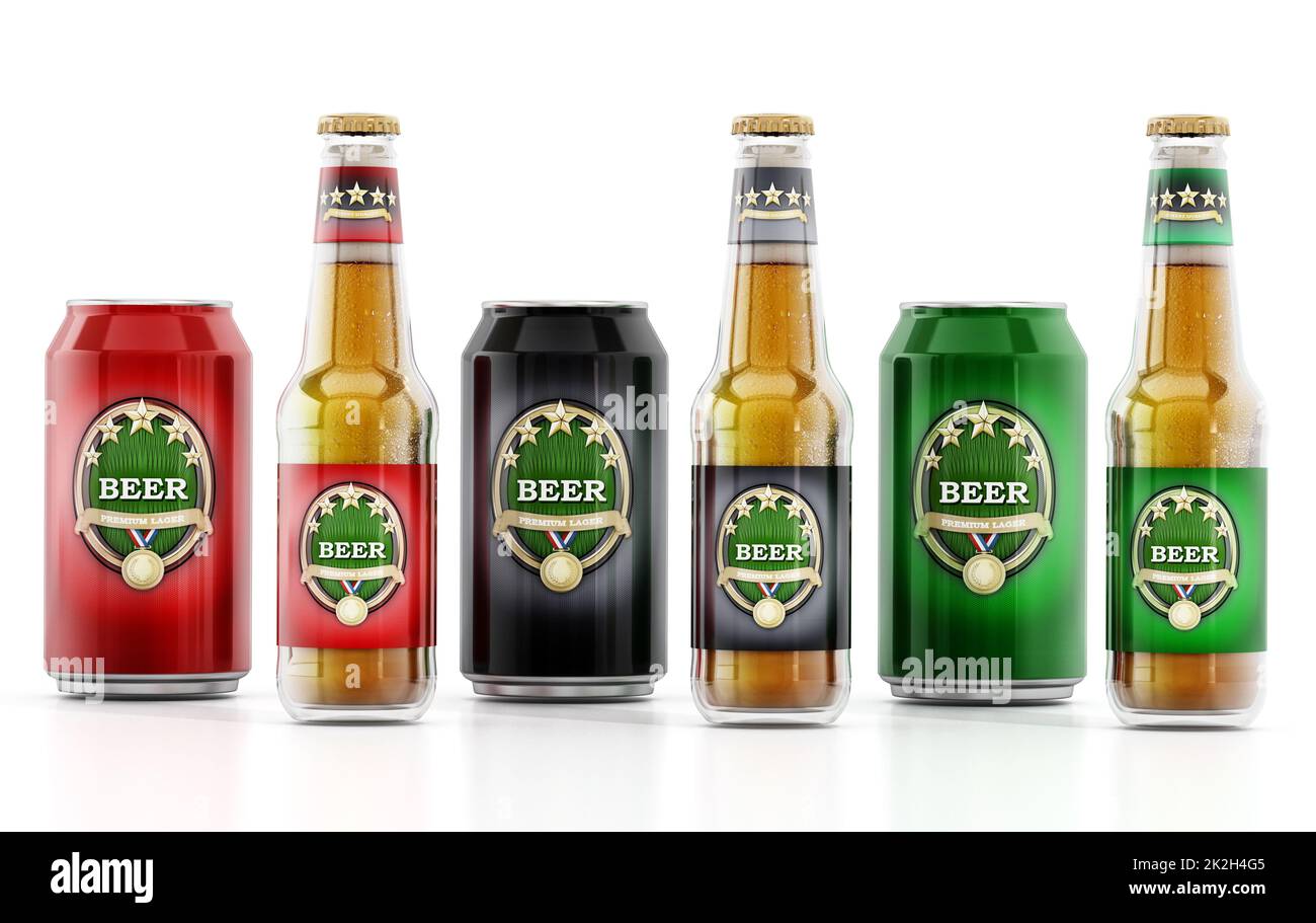 Beer bottles and aluminum cans with three different labels Stock Photo ...