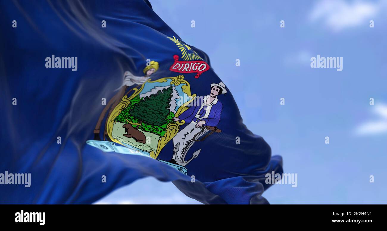 The US state flag of Maine waving in the wind Stock Photo - Alamy