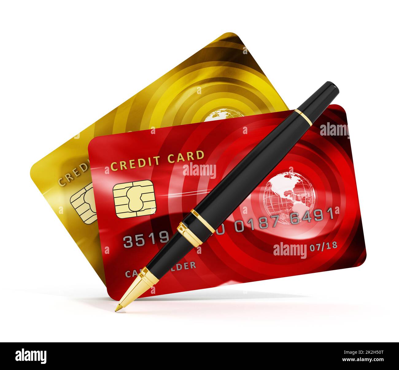 Credit cards, check book and pen isolated on white background. 3D ...