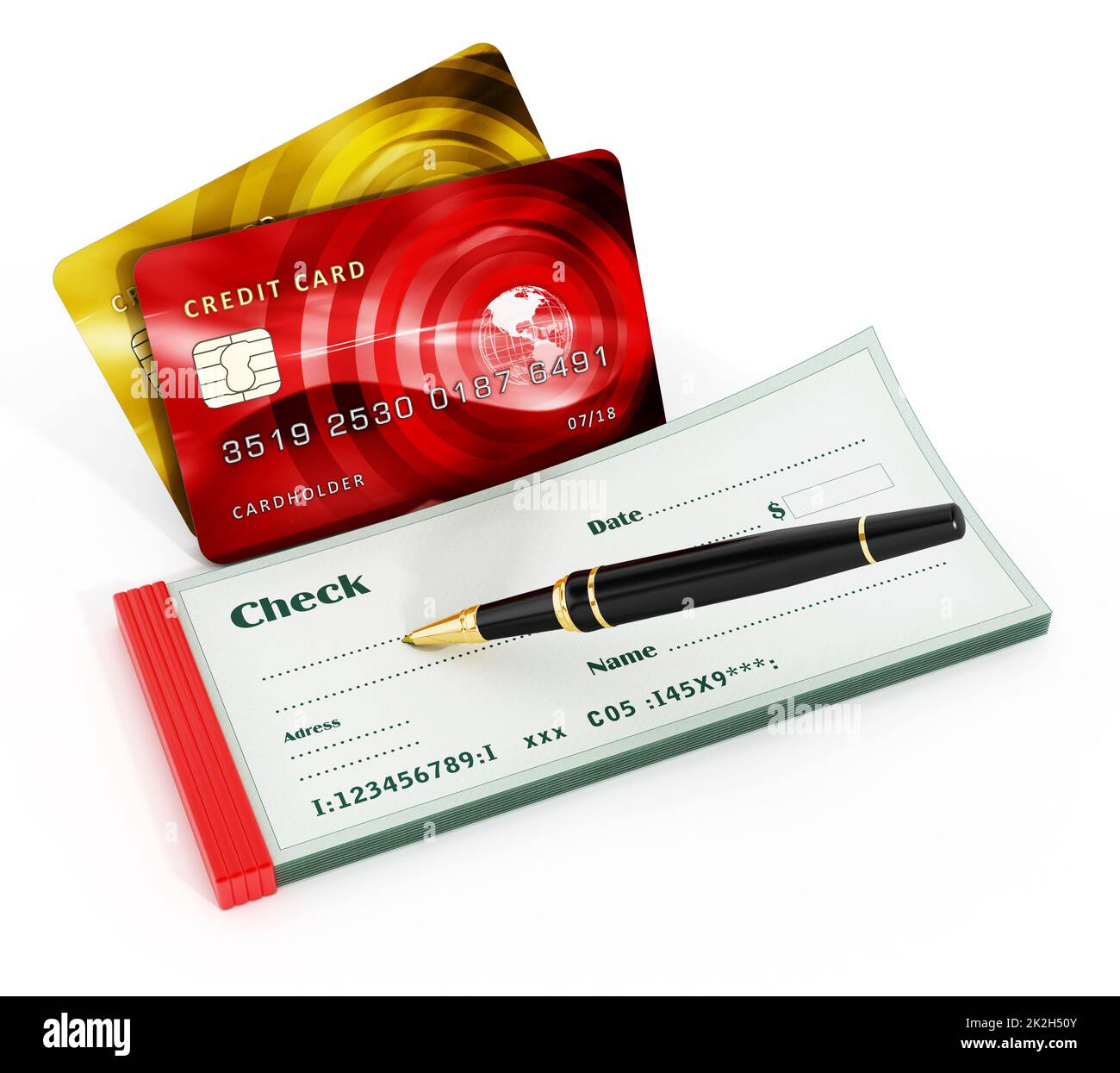 Credit cards, check book and pen isolated on white background. 3D ...