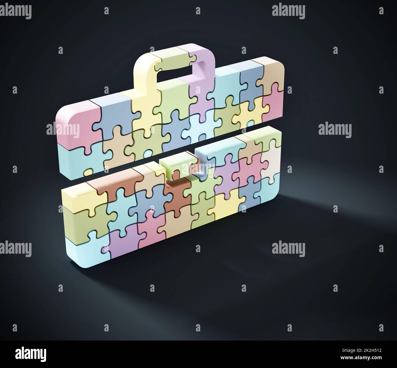 Multi colored puzzle pieces forming briefcase icon. 3D illustration ...