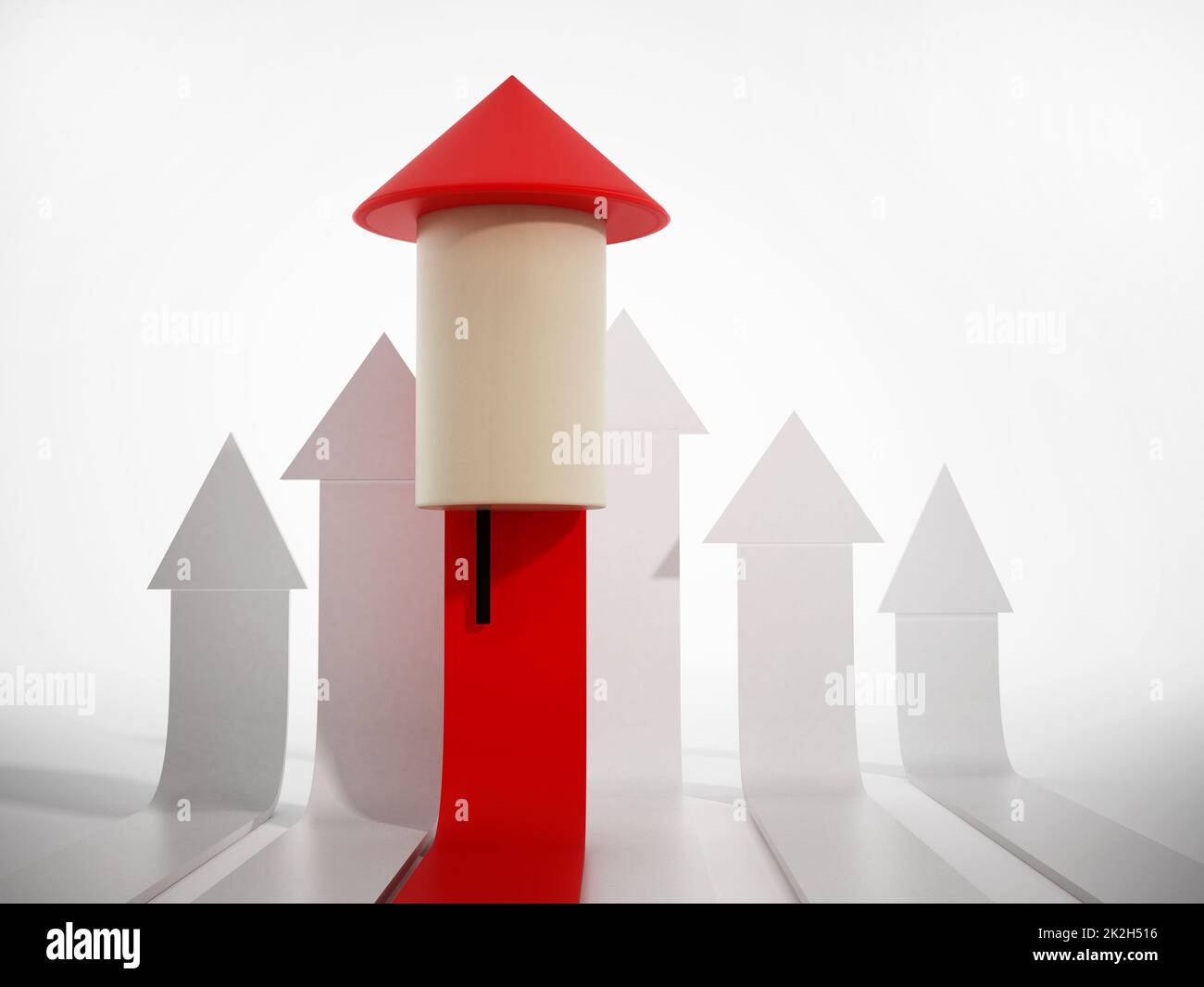 Rising red arrow with rocket among white arrows. 3D illustration Stock ...