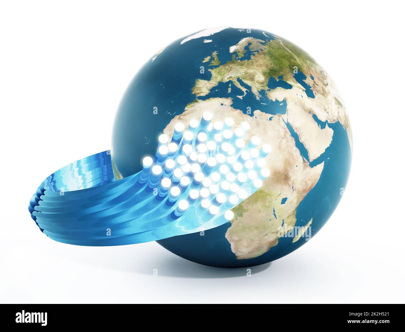 Fiber optic cables around the globe isolated on white background. 3D ...