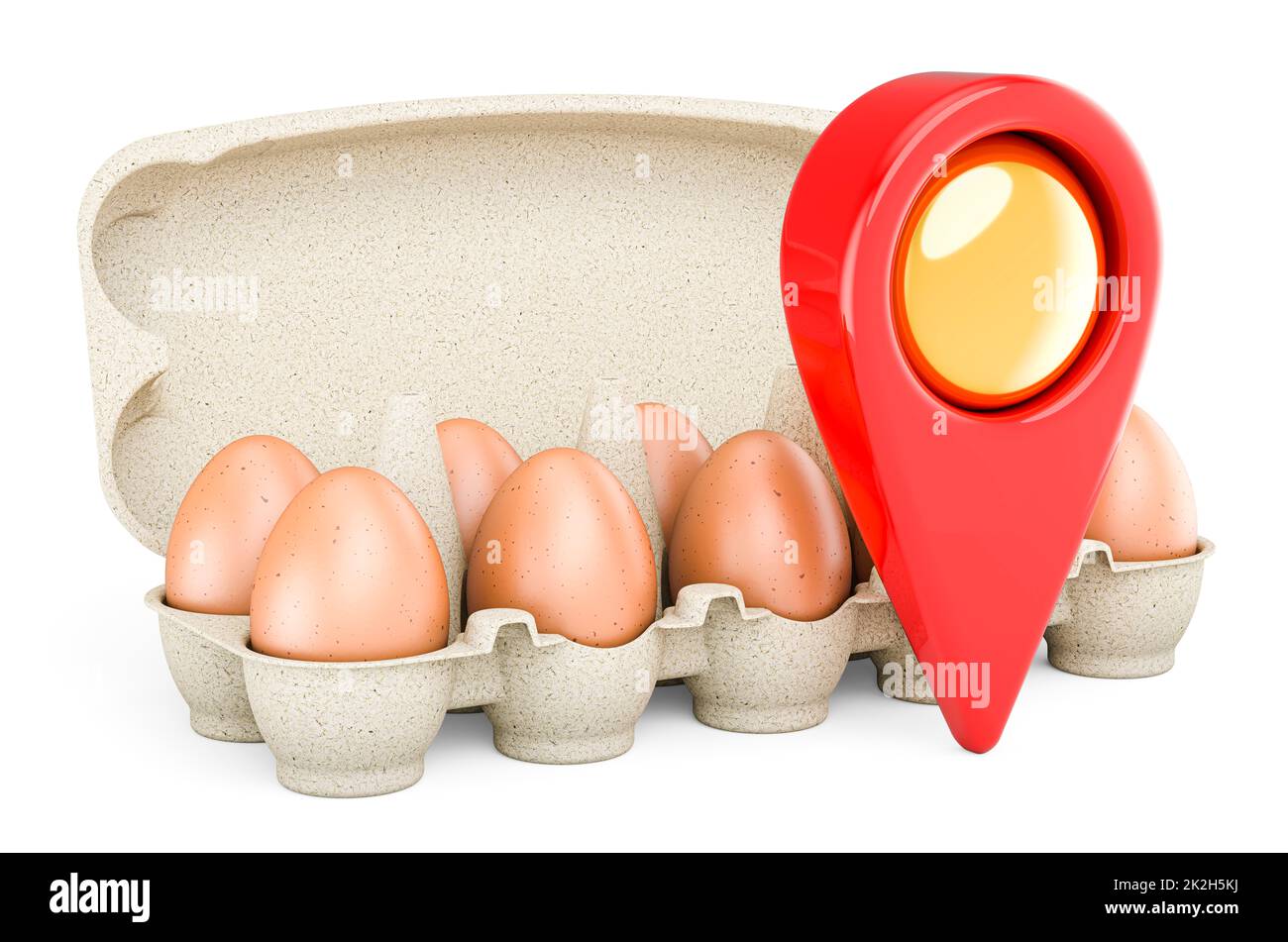 Map pointer with eggs in an egg carton. 3D rendering isolated on white ...