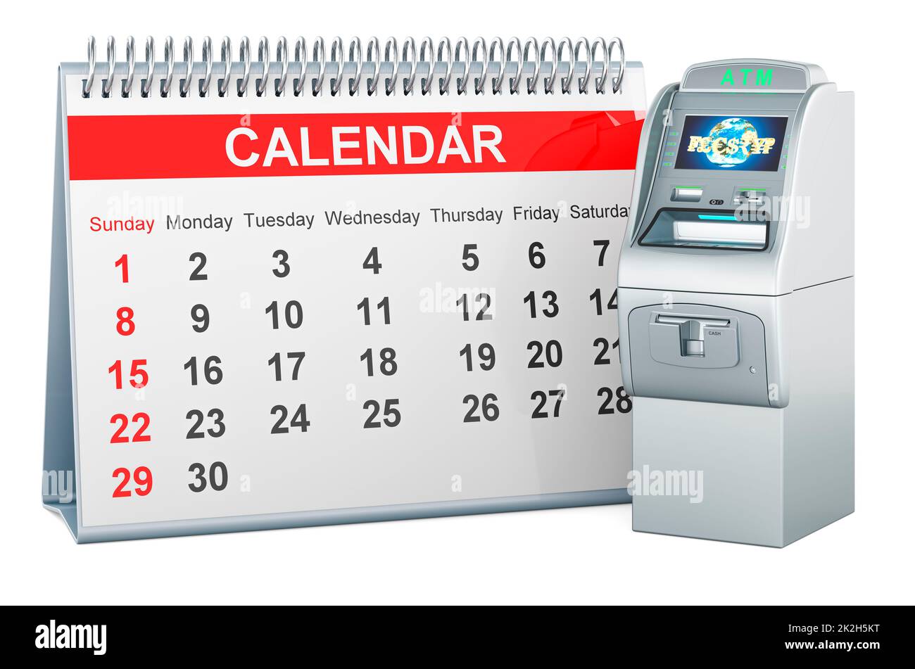 Desk calendar with ATM machine, 3D rendering isolated on white ...