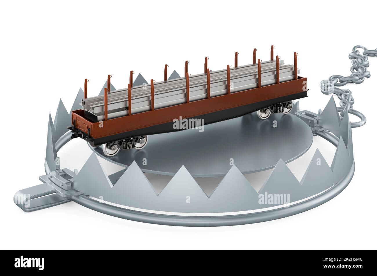 Railroad car with stack of rolled metal products inside bear trap, 3D ...