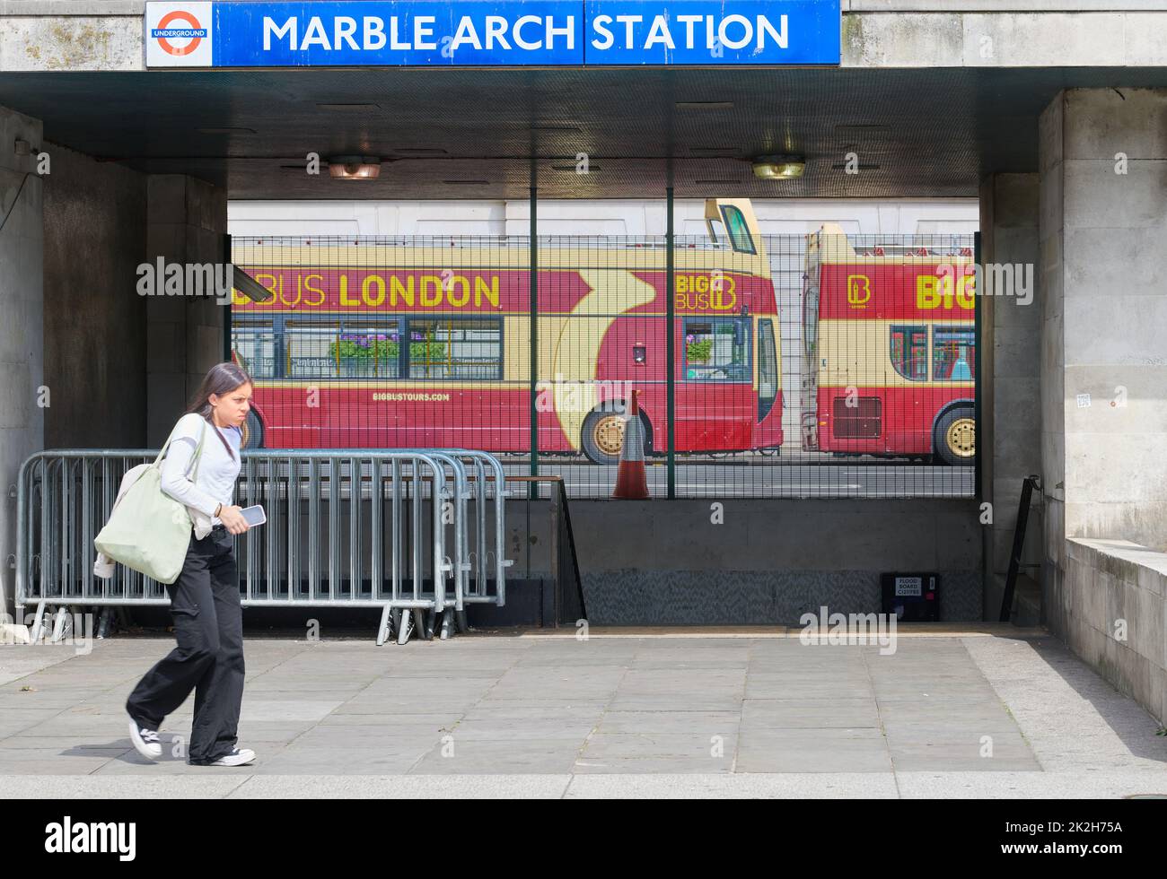 Marble Arch underground station entrance, at the junction of Park Lane ...