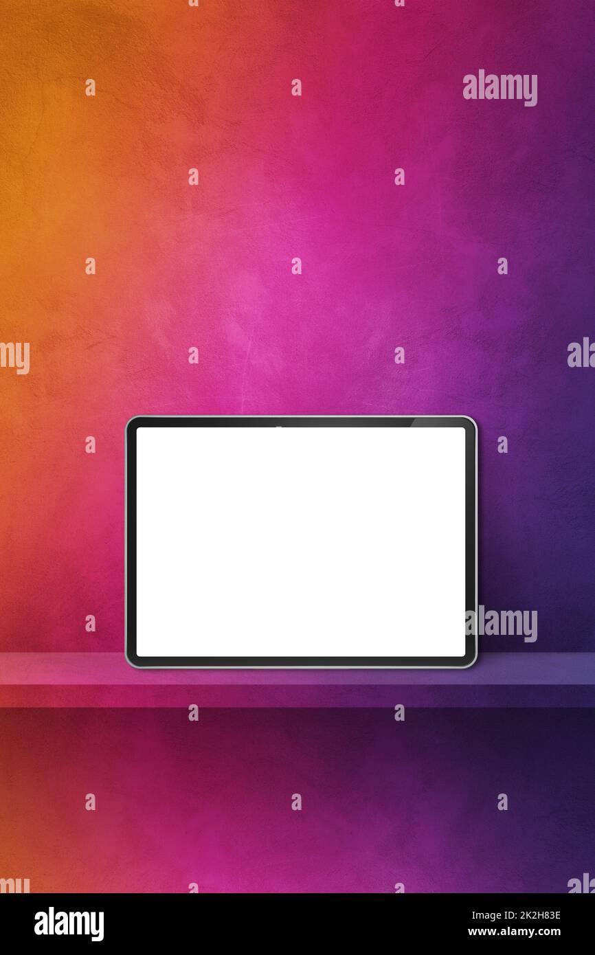 Digital tablet pc on rainbow wall shelf. Vertical background banner ...