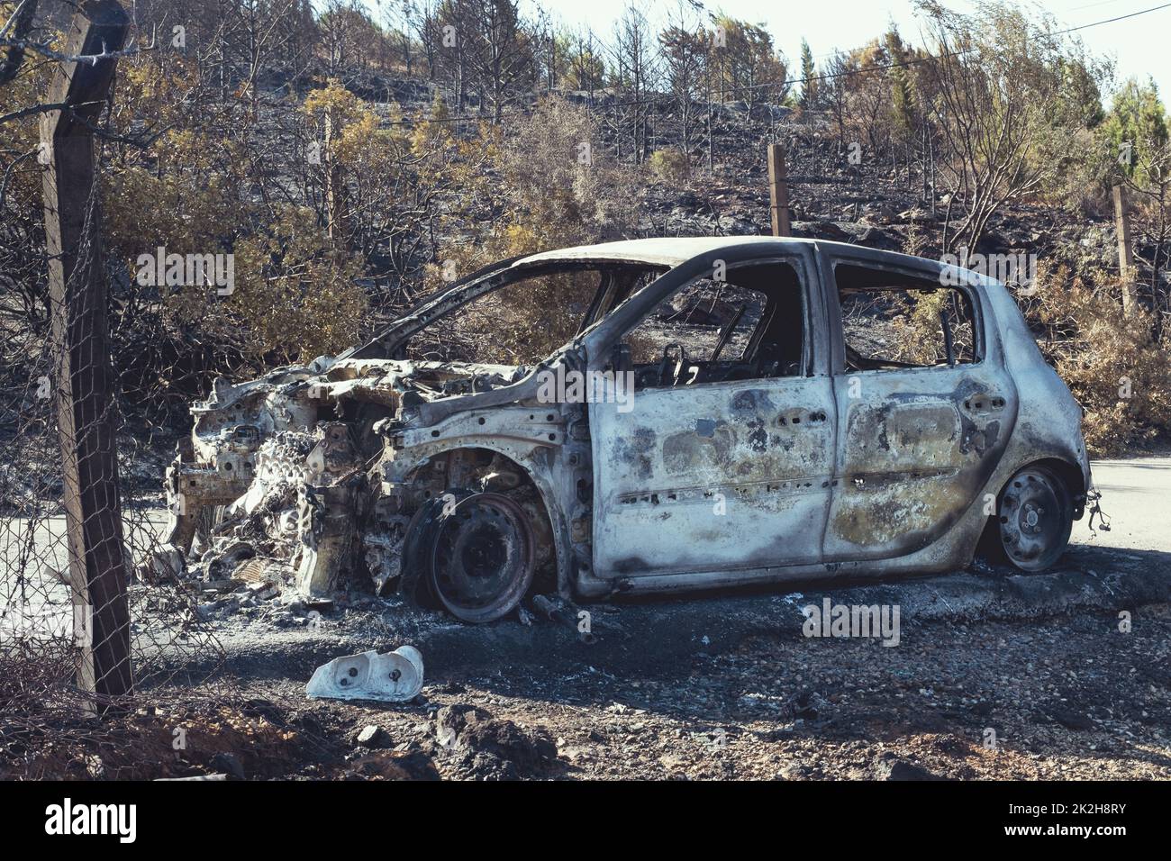 Izmir, Turkey - July 23, 2022: Burnt car aftermath the forest fire at ...