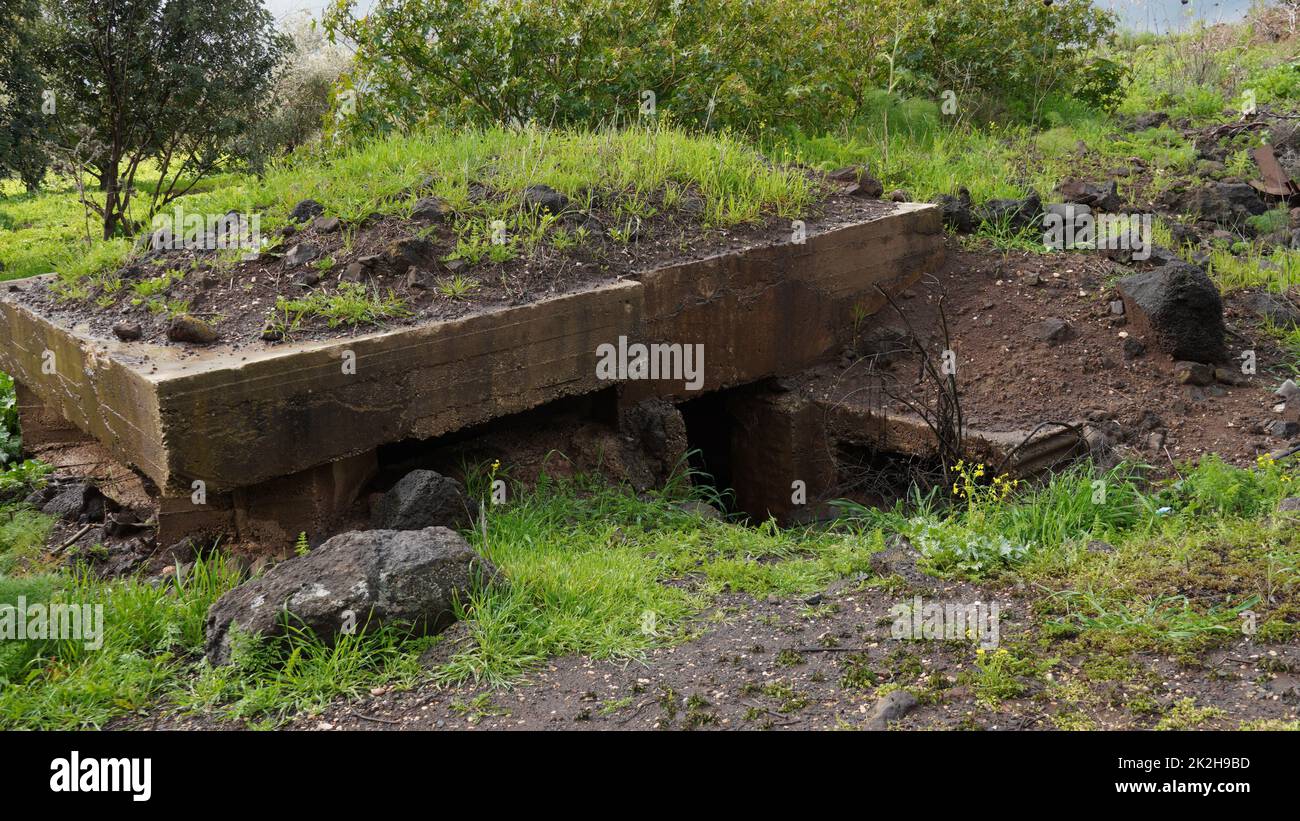 An old Syrian bunker remains on The Gadot Lookout, Israel, the slopes ...
