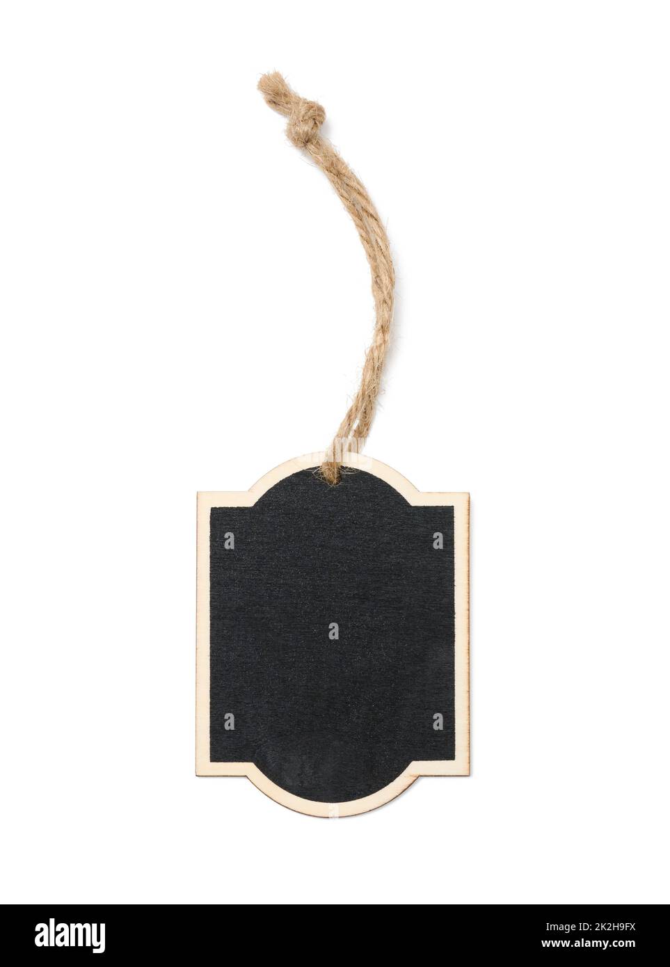 rectangular empty chalk tag on a brown rope. White isolated background ...