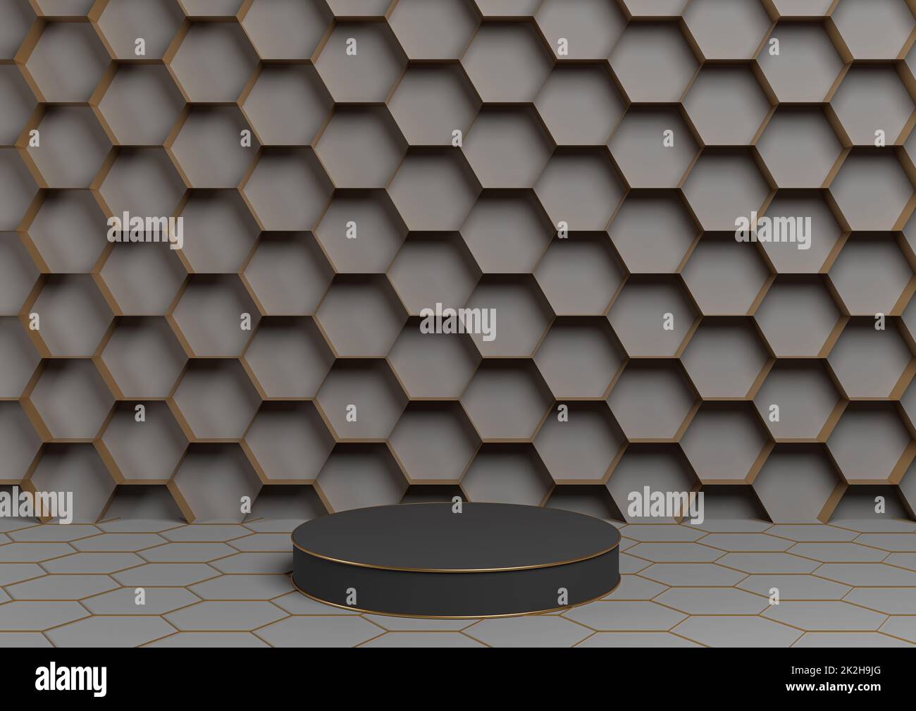 Dark graphite gray, black and white 3D rendering product display podium luxurious golden ...