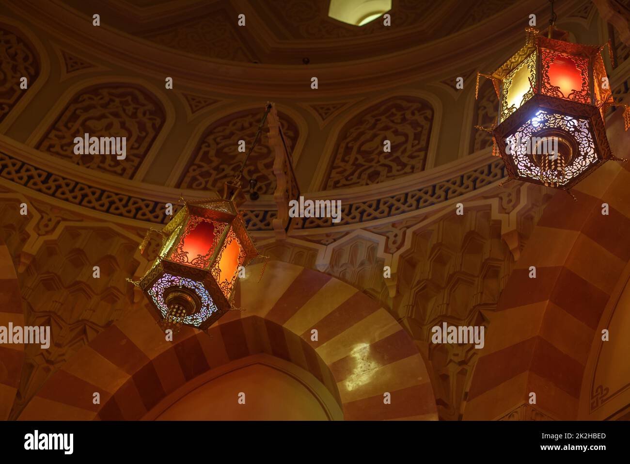 Vintage lamp lanterns hanging on ceiling of medieval castle Stock Photo ...